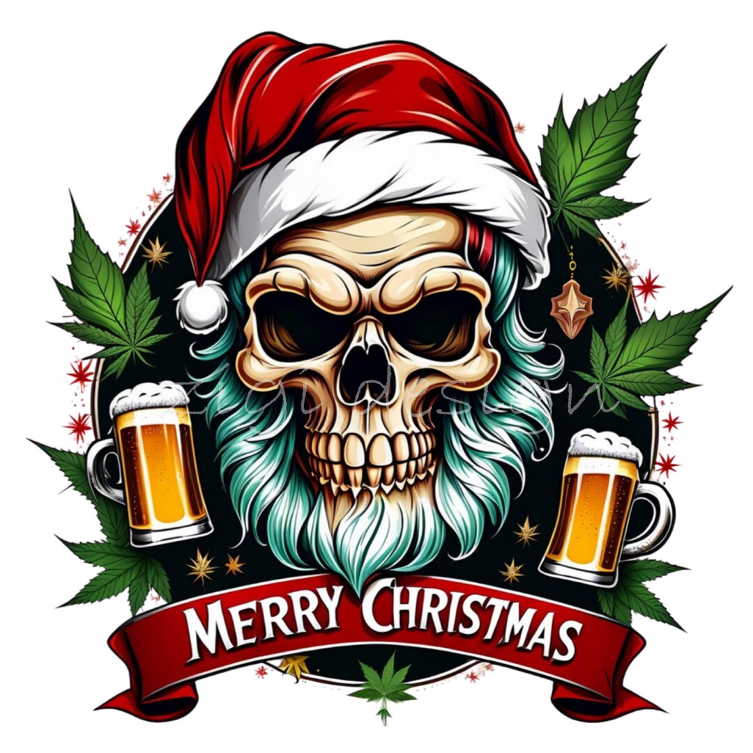 Skull Santa Christmas Clipart, Edgy Holiday Art With Santa Hat & Beer ...