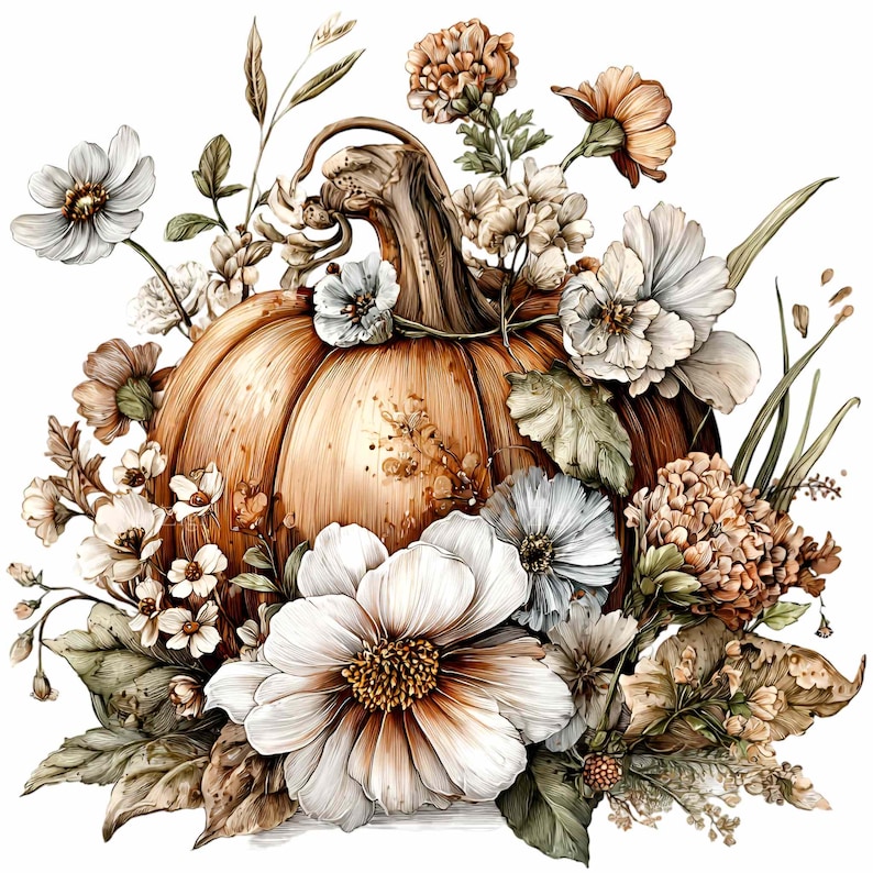 15 PNG Autumn Floral Pumpkin Clipart – Fall Bouquet & Harvest ...