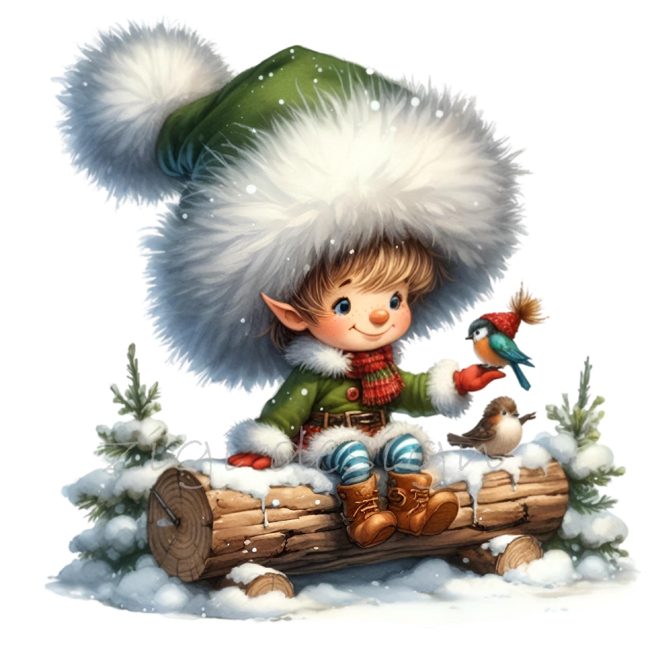 15 Christmas Elf PNG Clipart – Cute Holiday Elf on Snowy Log With Bird ...