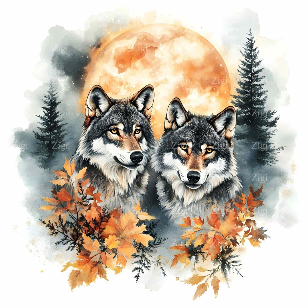 16 JPEG Autumn Wolves Clipart - Two Majestic Wolves Under Full Moon in ...
