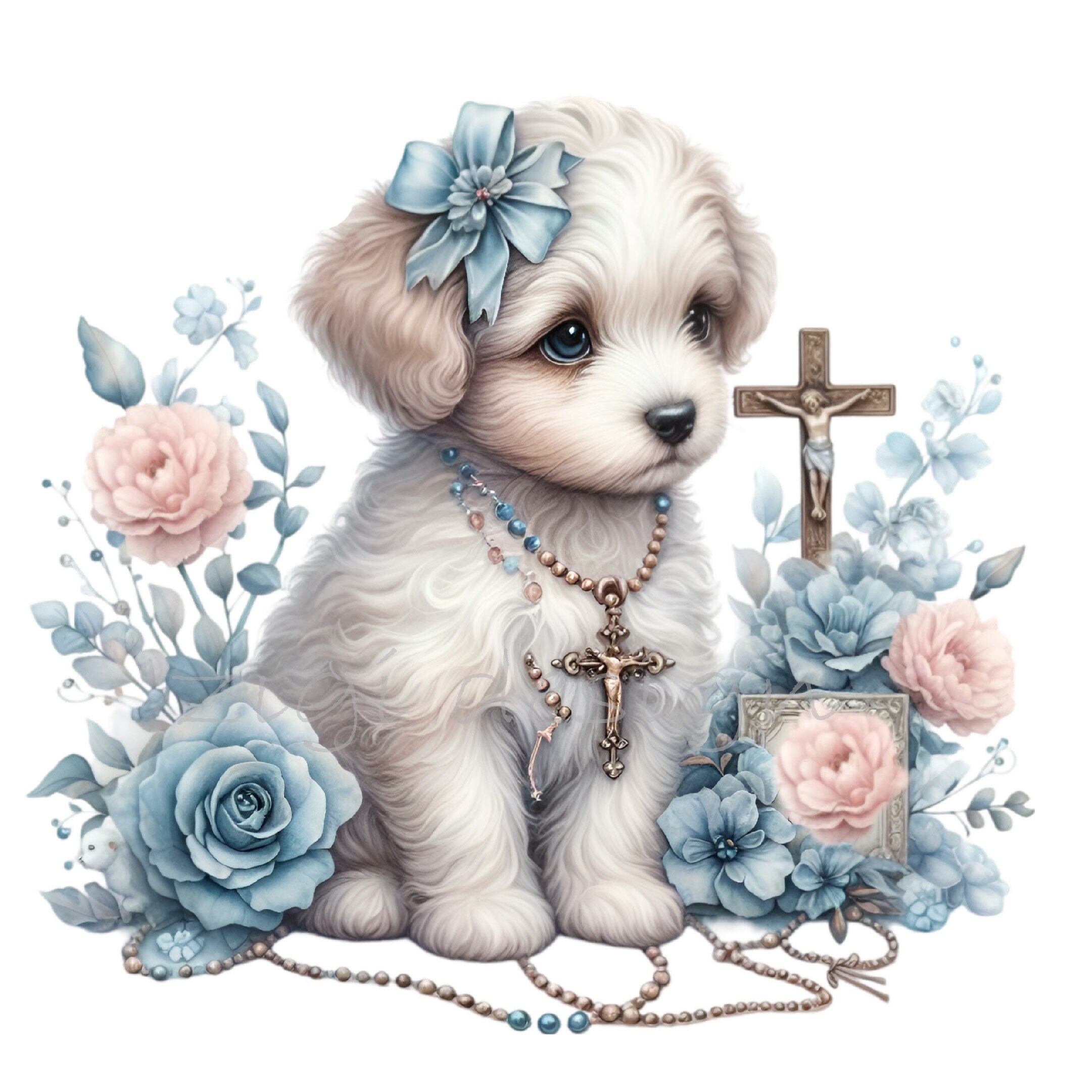 12 PNG Praying Puppy Clipart, Baptism Blue Floral Cross, Religious Dog ...