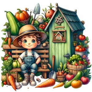 Cute Gardener Clipart, 10 Adorable Boy in Garden PNG, Whimsical ...