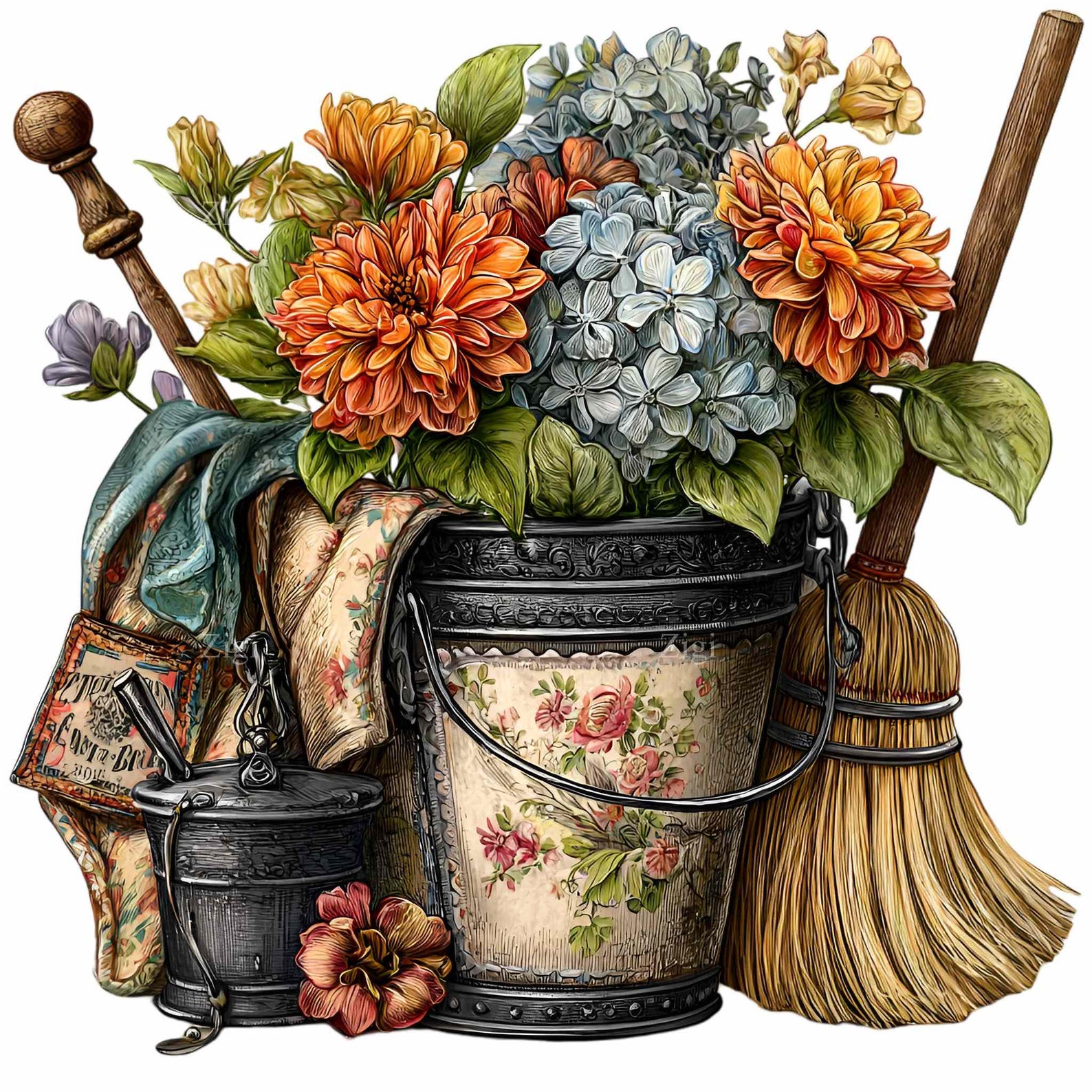 10 PNG Vintage Garden Tools PNG – Floral Bucket Clipart – Rustic Decor ...