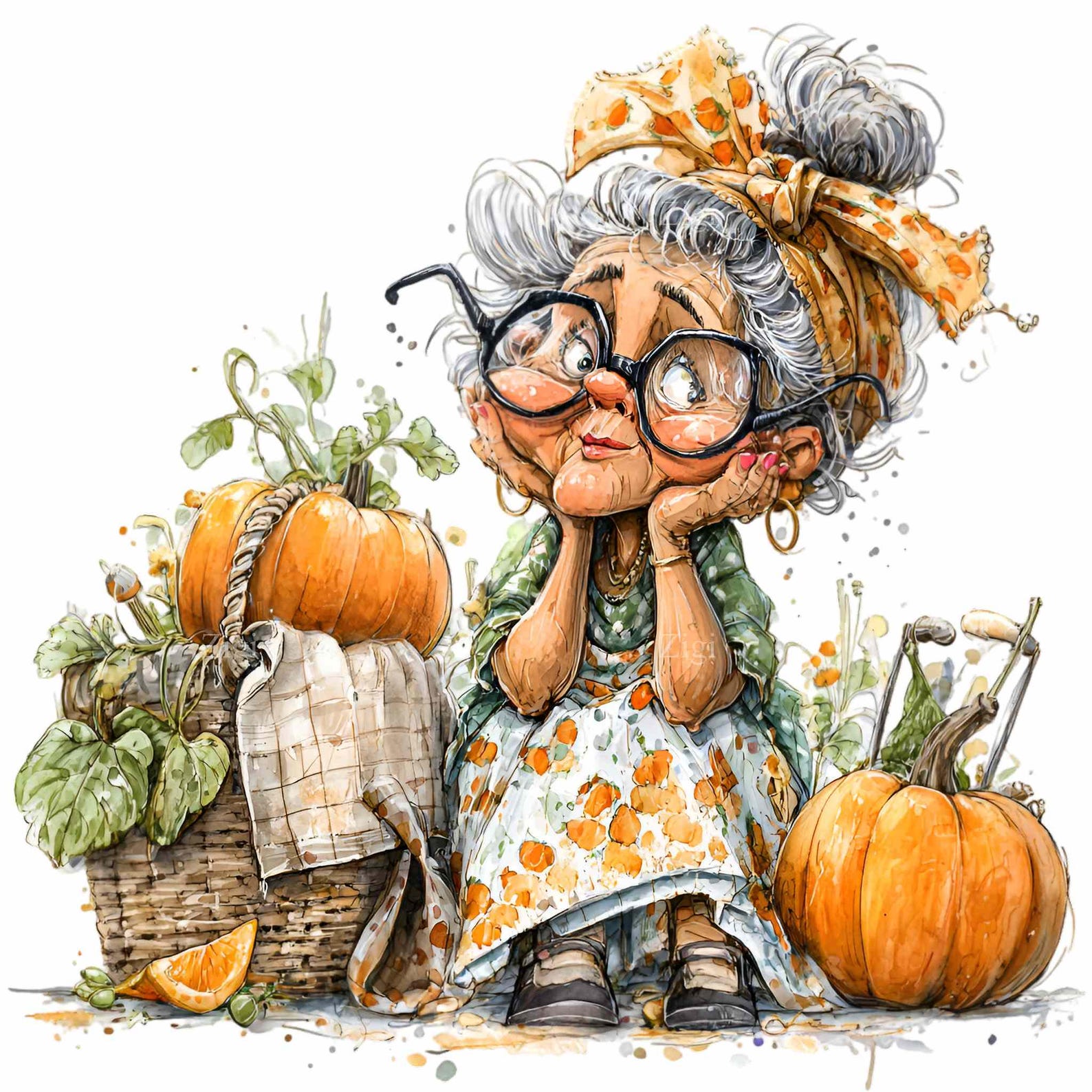 12 PNG Pumpkin Fall Lady Clipart, Autumn Harvest Sublimation Watercolor ...