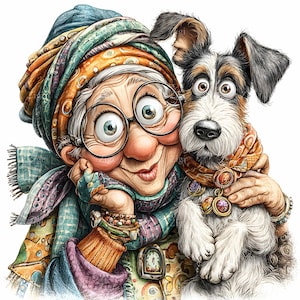 25 JPEG Whimsical Grandma With Dog – Cute JPG Clipart – Cartoon ...