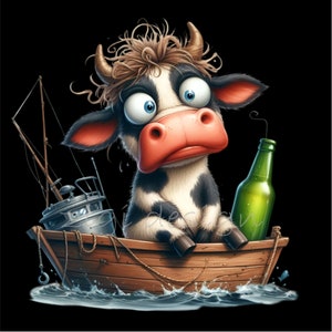 Fishing Cow Digital Clipart 15 PNG - Funny Cow Illustration With ...