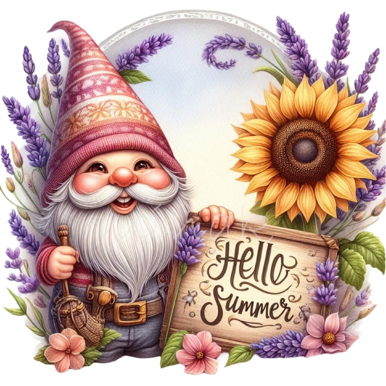 10 PNG Hello Summer Gnome Clipart – Gnome With Sunflower, Lavender ...