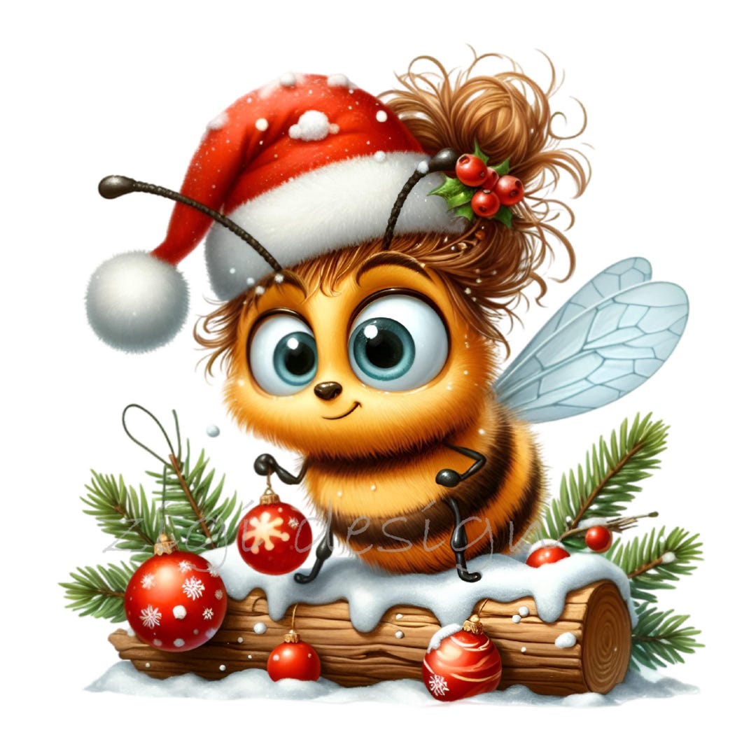 12 Christmas Bee PNG Clipart, Cute Bumblebee With Santa Hat and ...