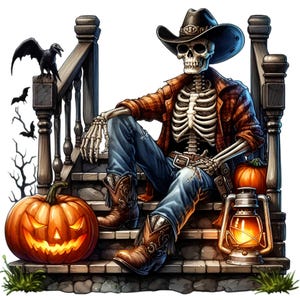 Cowboy Skeleton With Jack-o'lanterns Clipart Spooky Halloween Scene on ...