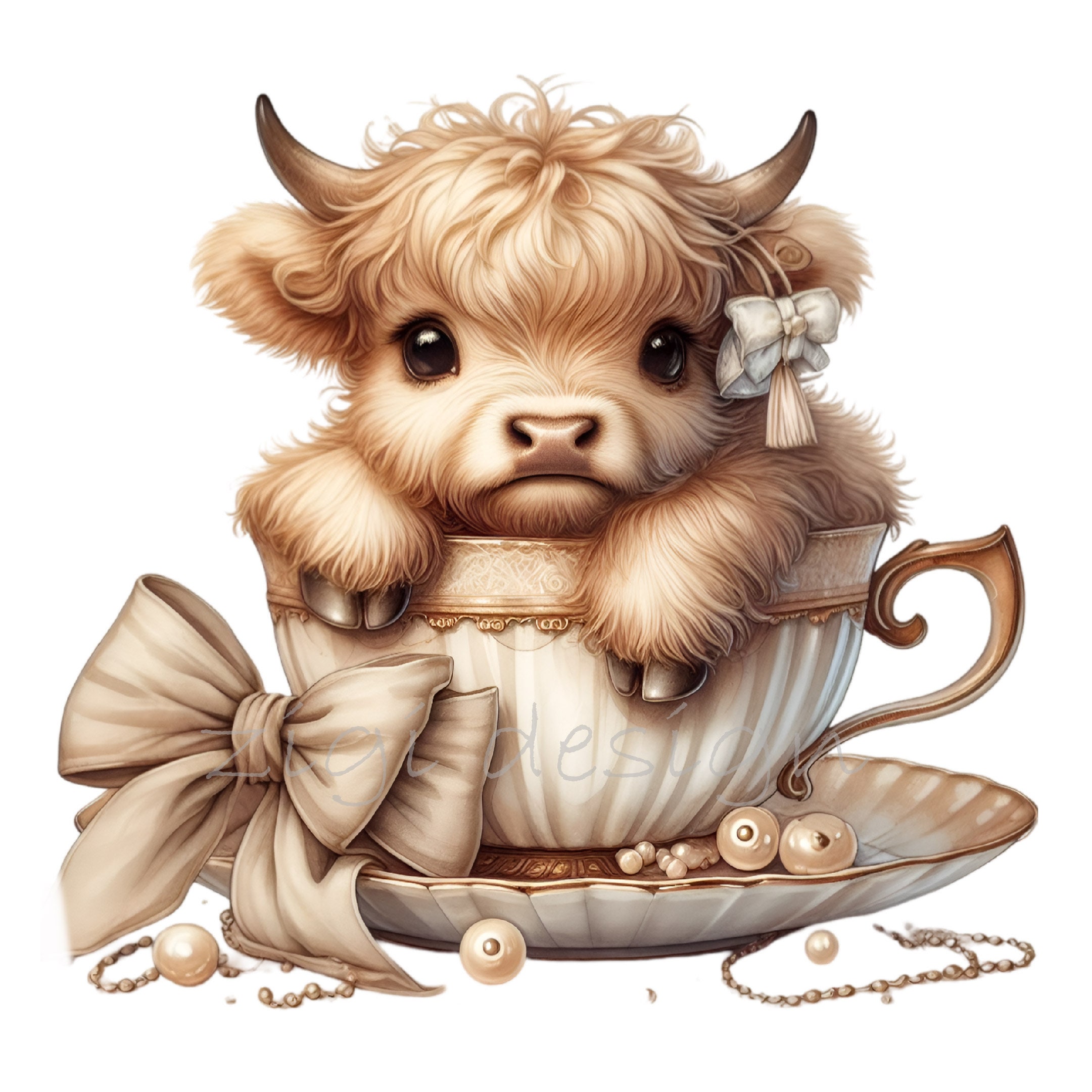 12 PNG Pink Highland Cow Clipart, Teacup Calf Bow Vintage Watercolor - Etsy