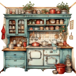 Retro Kitchen Clipart PNG, 19 Teal Watercolor Baking Cooking ...