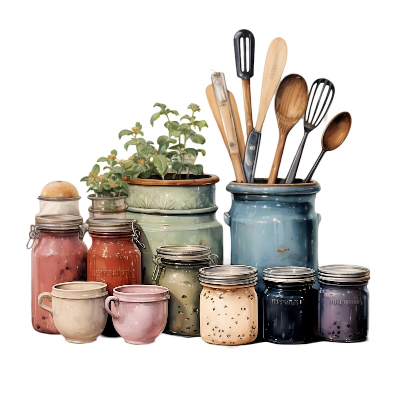 Vintage Kitchen Clipart PNG - 15 Rustic Cooking Utensils & Jars ...