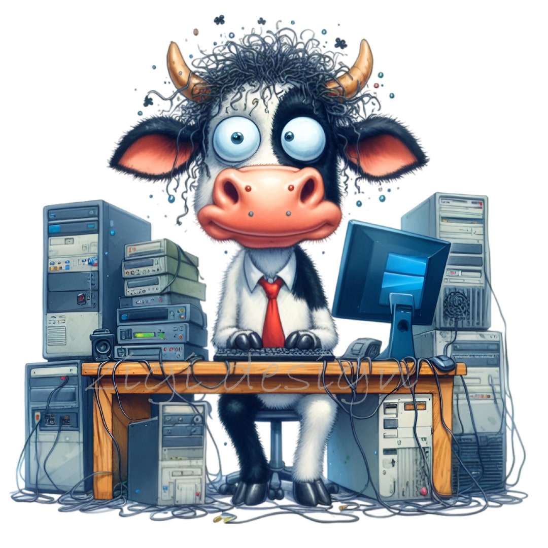 10 Funny Cow Programmer PNG Clipart | Stressed Cow at Computer Desk ...