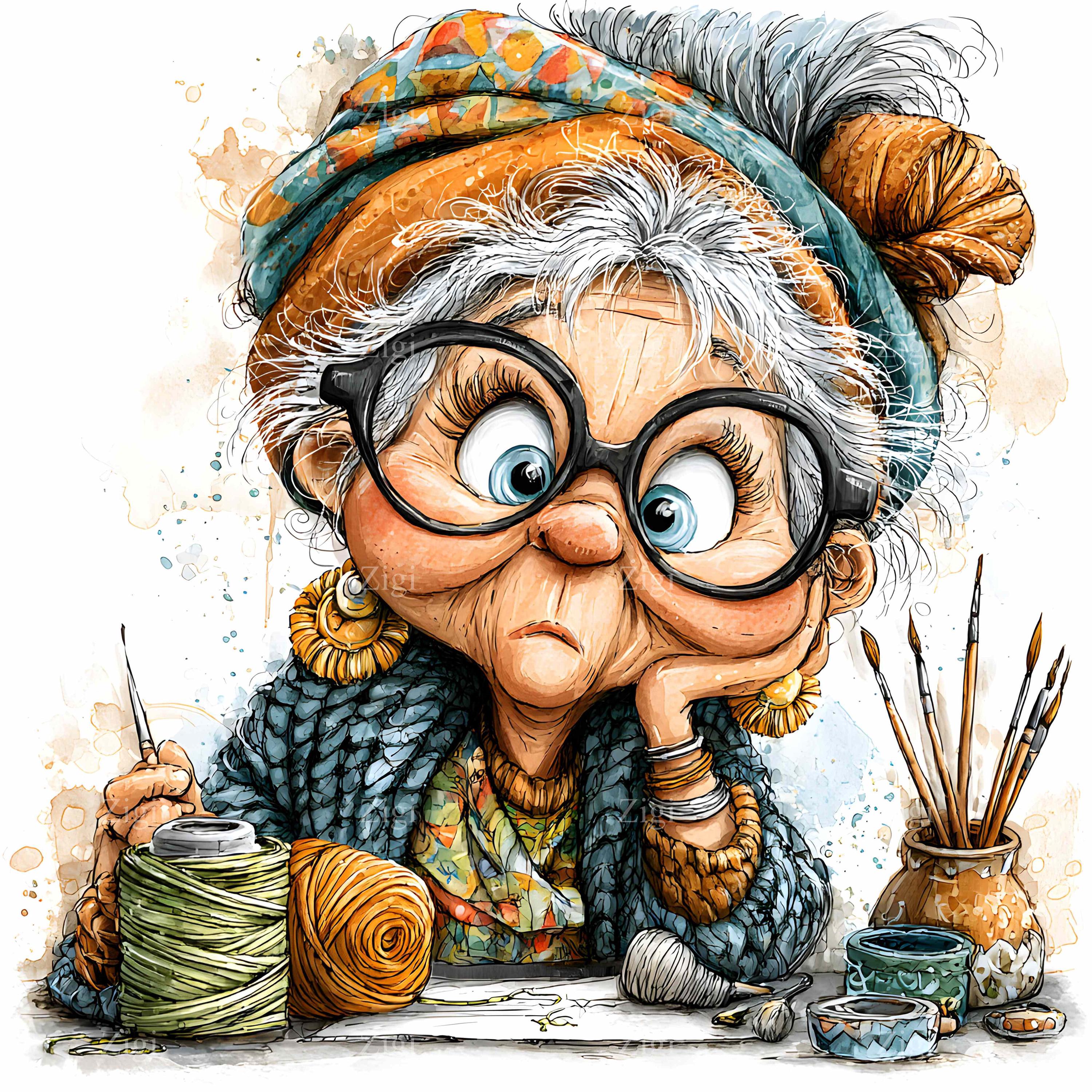 25 JPEG Crafty Grandma Art – Knitting Lady Clipart – Fun Yarn Lover ...