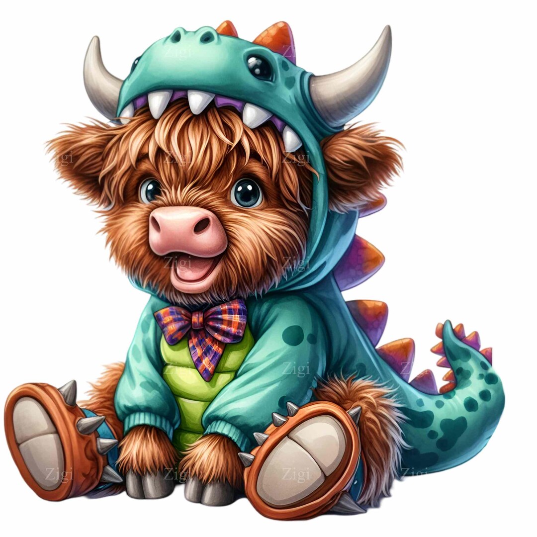 12 Highland Cow in Dino Costume PNG - Cute Fluffy Cow Digital Clipart ...