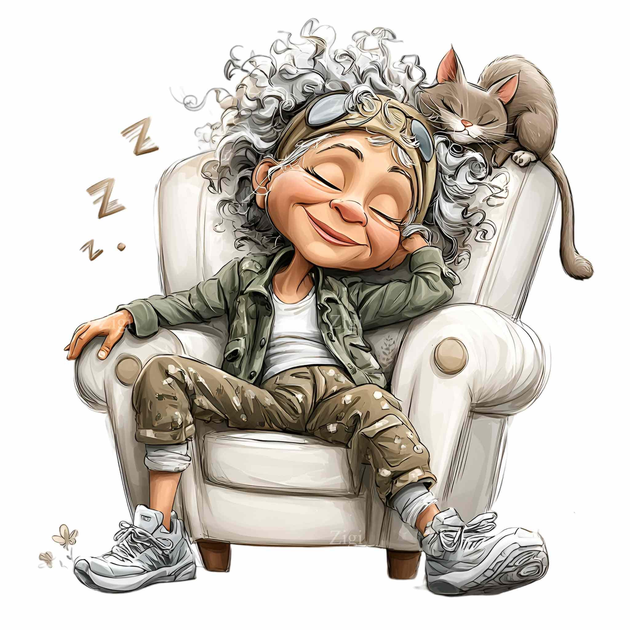 16 PNG Relaxed Girl Clipart With Cat – Whimsical Character Illustration ...