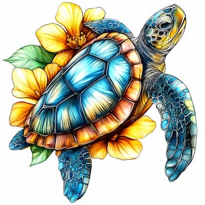 10 Floral Turtle Clipart PNG, Blue Turtle With Yellow and Orange ...
