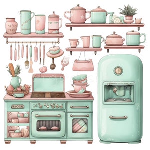 24 Retro Pastel Kitchen PNG Clipart, Vintage Blue Fridge & Stove With ...