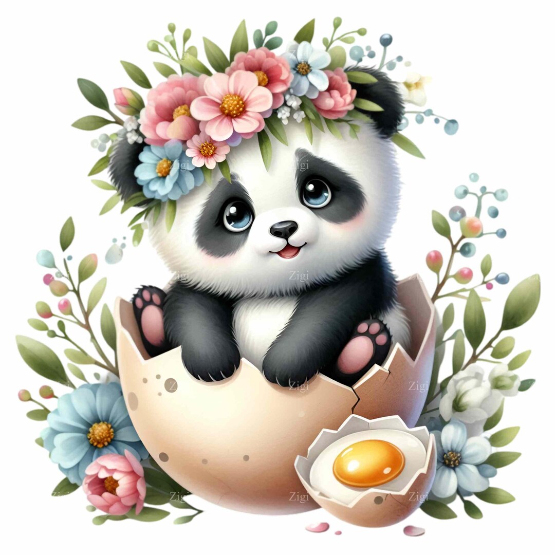 12 Baby Panda Clipart PNG, Adorable Panda in Eggshell With Floral Crown ...