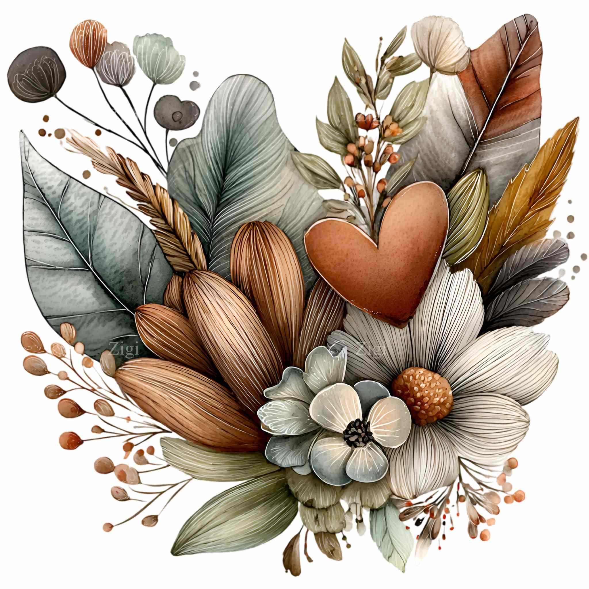 15 PNG Neutral Leaves Heart Clipart – Botanical PNG – Digital Download ...