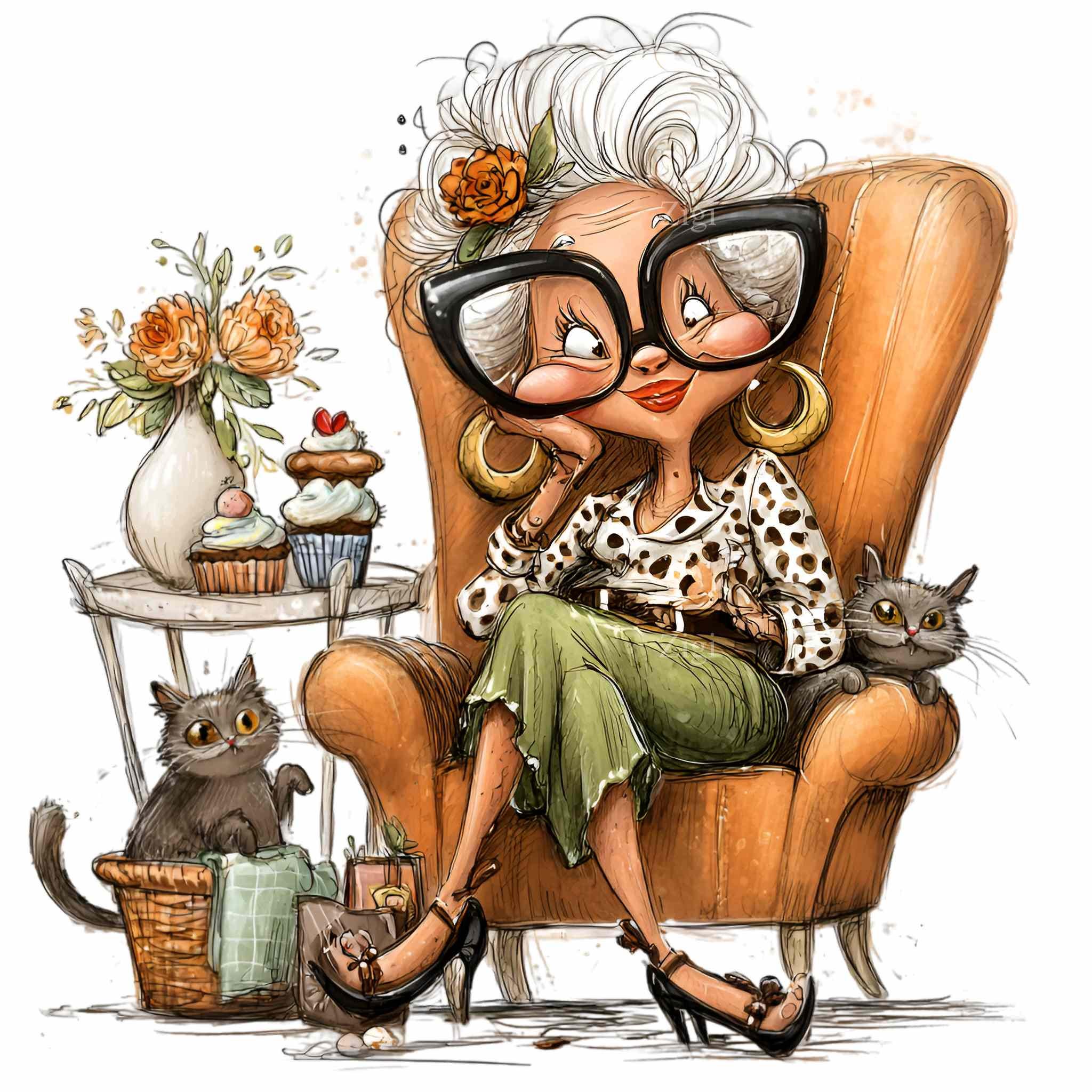 15 PNG Lady With Cat Clipart – Funny Grandma PNG With Cats and Cupcakes ...