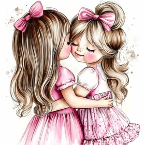 18 JPEG Sweet Girls Hugging in Pink Dresses, Floral Accents Art ...