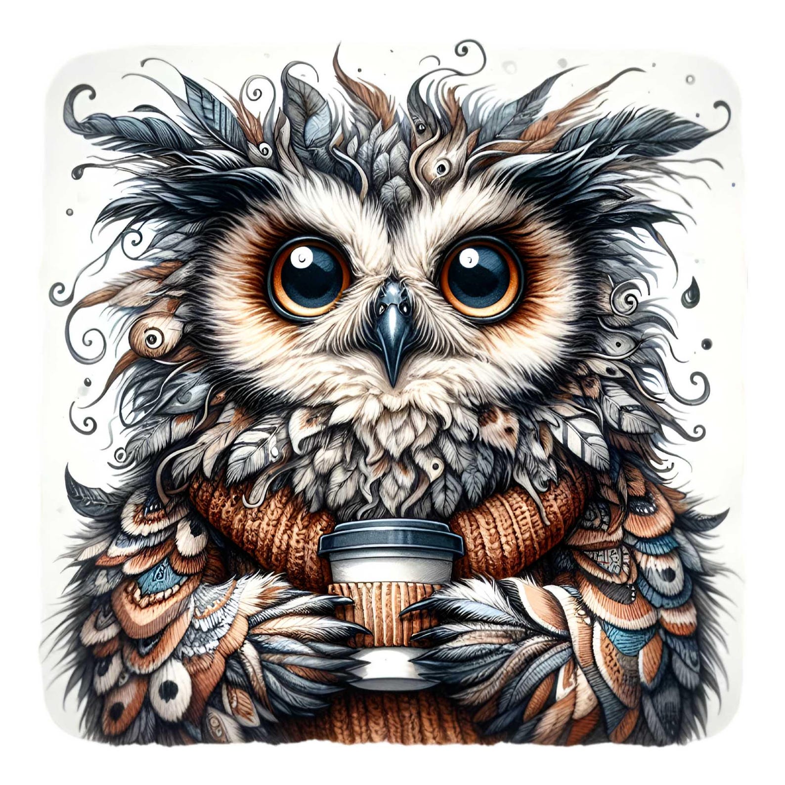 10 PNG Coffee Owl Messy Hair Bird Sweater Clipart - Etsy