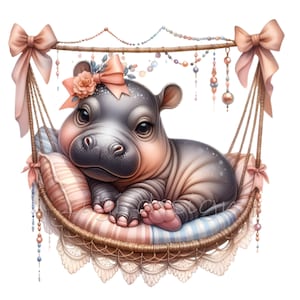 Adorable Baby Hippo Clipart 15 PNG, Cute Hippo in Hammock Illustration ...