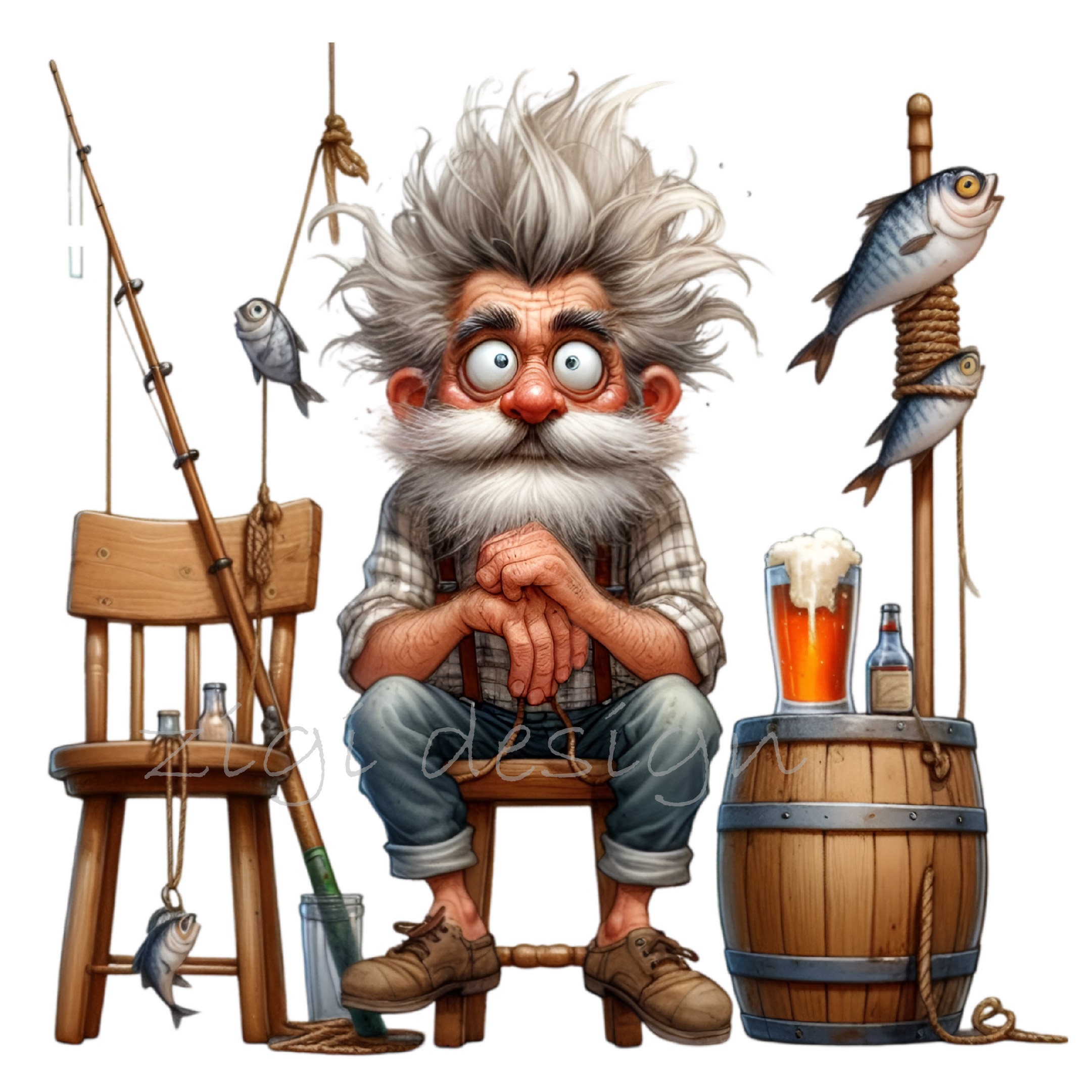 Quirky Old Fisherman Clipart 15 PNG - Vintage Fisherman With Crazy Hair ...