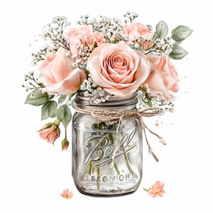 16 PNG Pink Rose Mason Jar Clipart, Watercolor Floral Bouquet, Flower ...