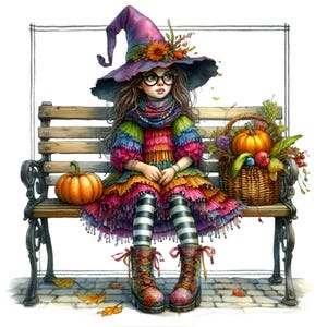 12 Autumn Witch PNG Clipart, Whimsical Witch With Hat Sitting on Bench ...