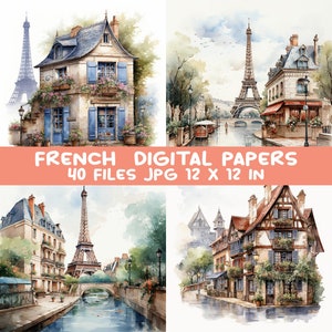 Paris Digital Papers 40 JPG Watercolor, Eiffel Tower Clipart, Parisian ...