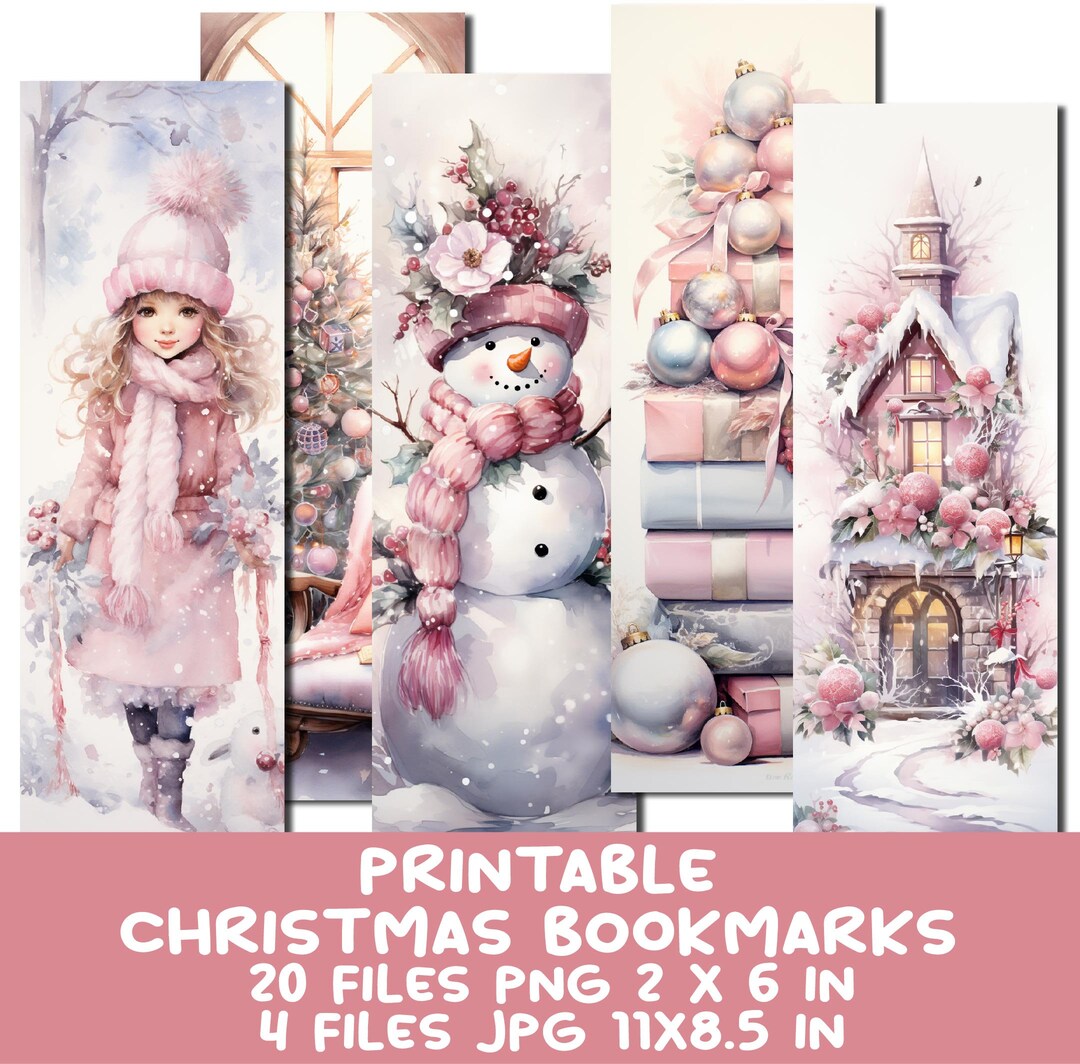 Christmas Bookmark Clipart Set, 20 Pink Winter Bookmarks, Snowman ...