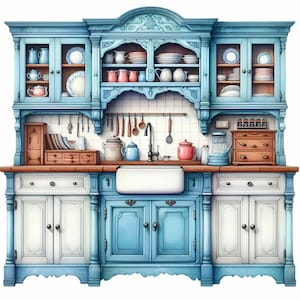 12 PNG Blue White Kitchen Hutch, Vintage Pantry Cabinet Clipart, Rustic ...