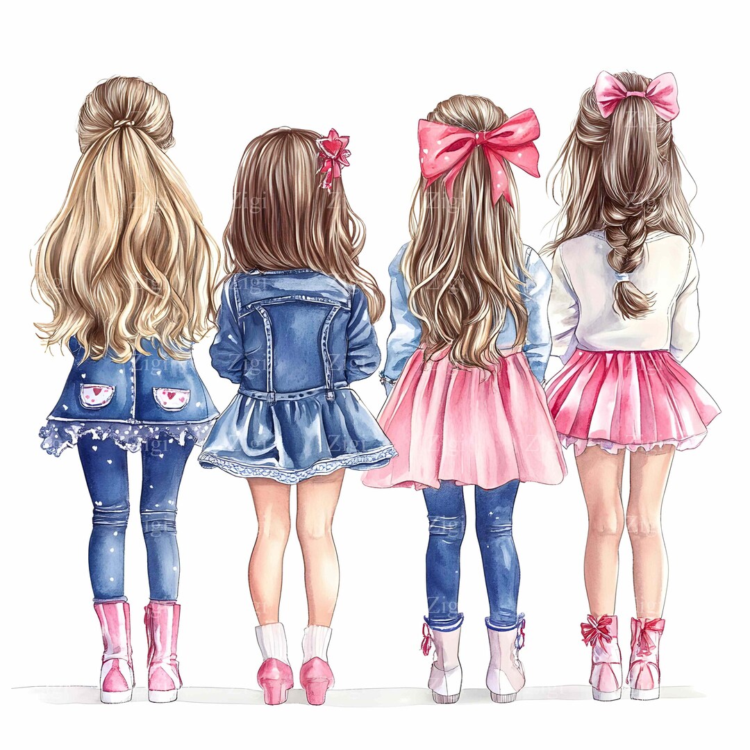 17 JPEG Cute Girls – Back View JPG Clipart – Pink and Blue Outfit Art ...