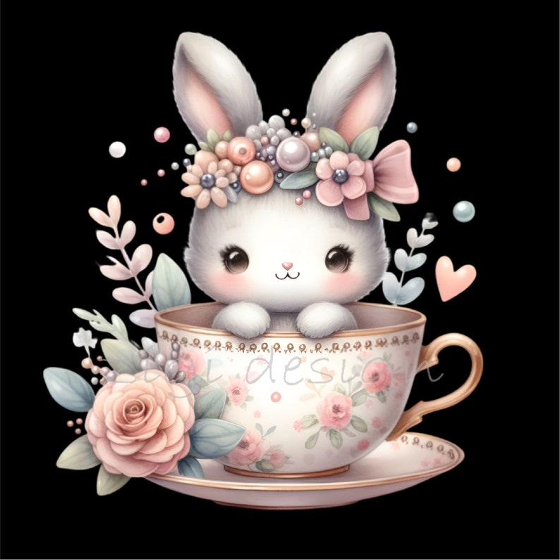 12 PNG Cute Bunny in Teacup Clipart – Pastel Rabbit PNG – Floral Animal ...