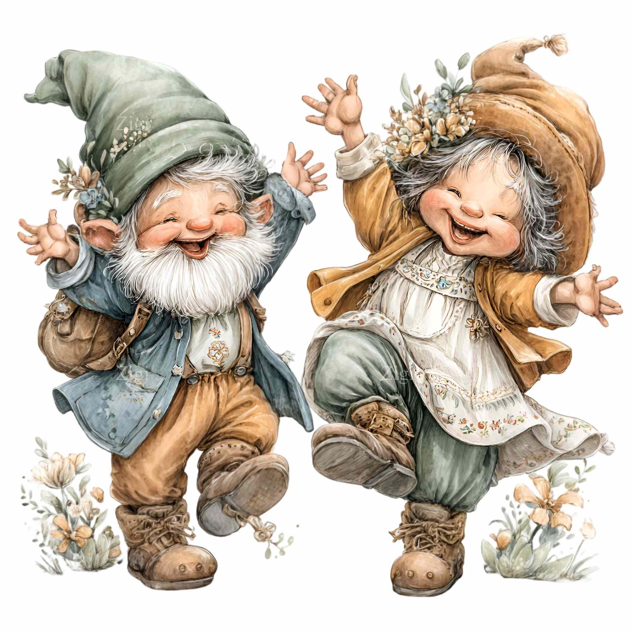 15 PNG Happy Dancing Gnomes Clipart, Vintage Garden Couple Forest - Etsy