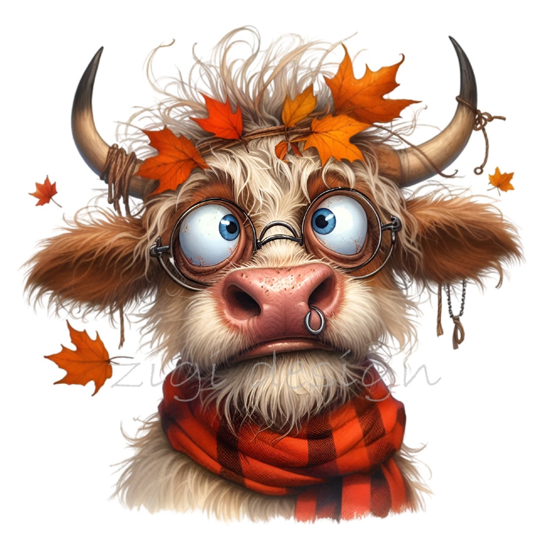 Funny Cow Fall Leaves Clipart, 15 PNG Farm Autumn Cartoon Illustration ...