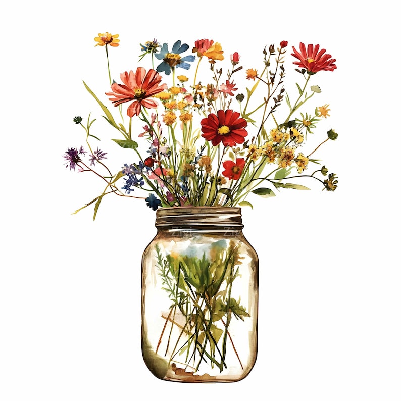32 JPEG Wildflowers in Mason Jar Clipart JPG – Daisy and Lavender ...