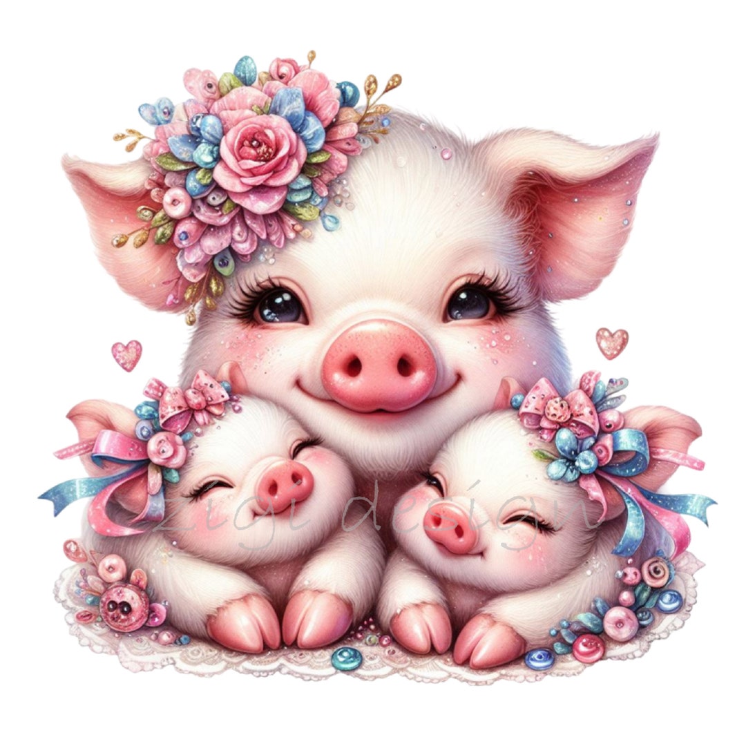 Adorable Pig Family PNG Clipart 10 Cute Pig Mom and Babies, Floral ...