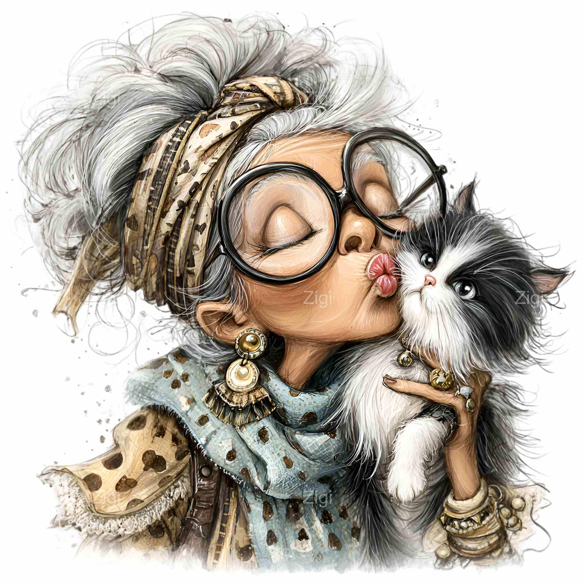 15 PNG Cat Grandma Clipart, Funny Lady Illustration, Grumpy Tuxedo ...