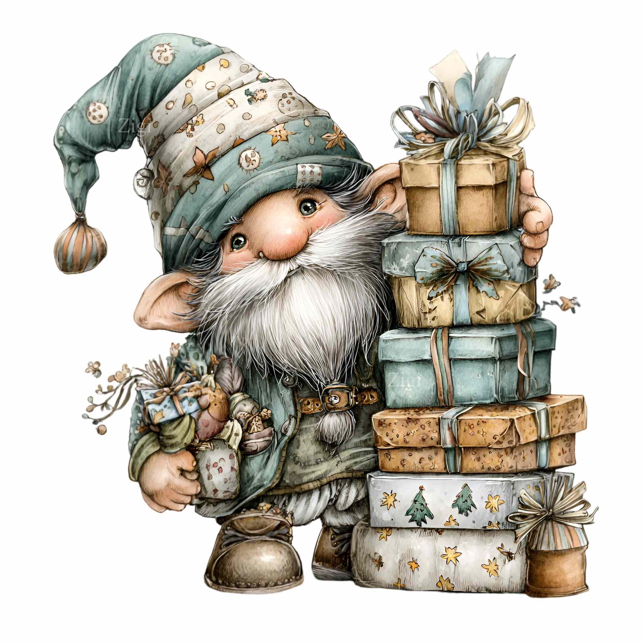 16 PNG Vintage Christmas Gnome Clipart, Watercolor Garden Elf ...
