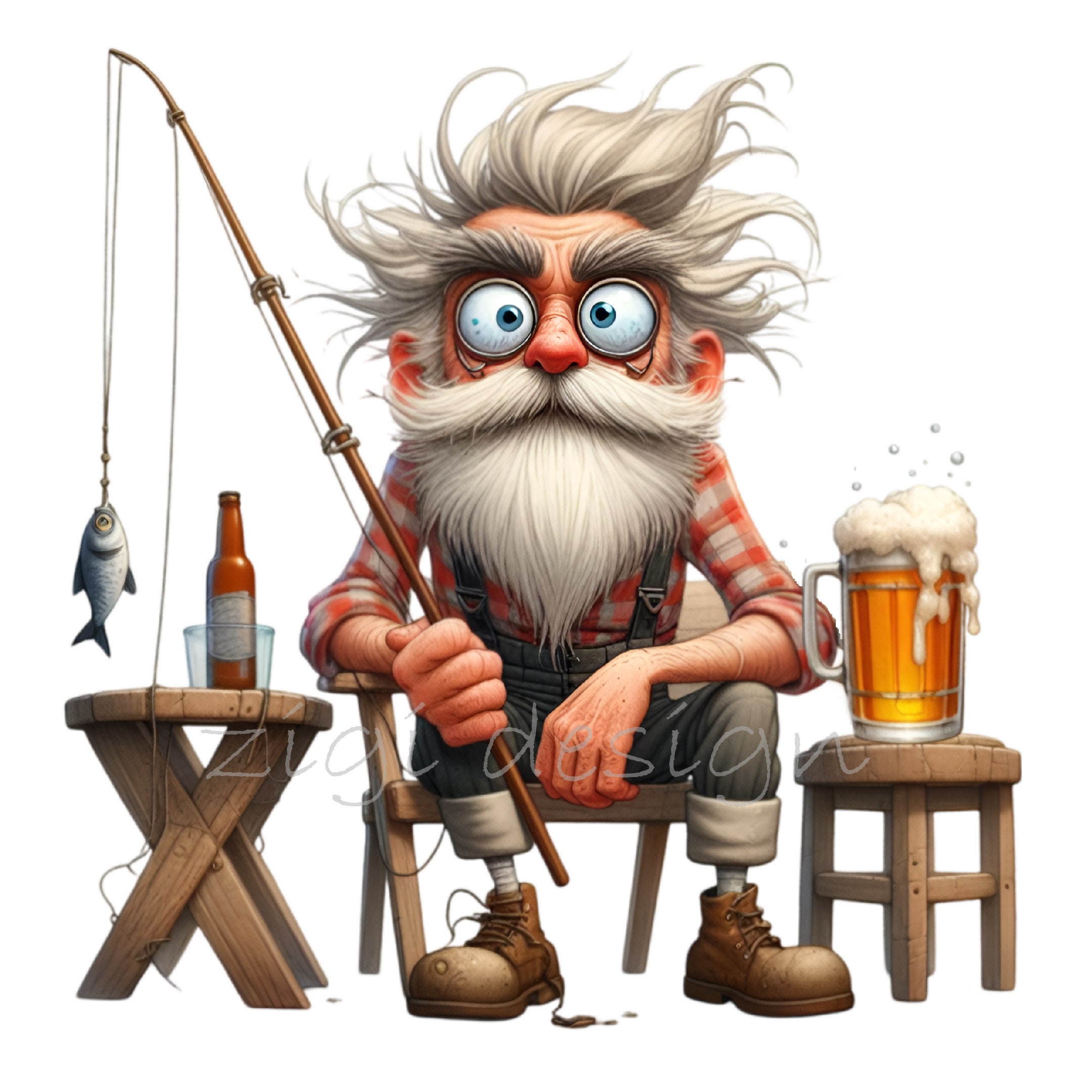 Quirky Old Fisherman Clipart 15 PNG - Vintage Fisherman With Crazy Hair ...
