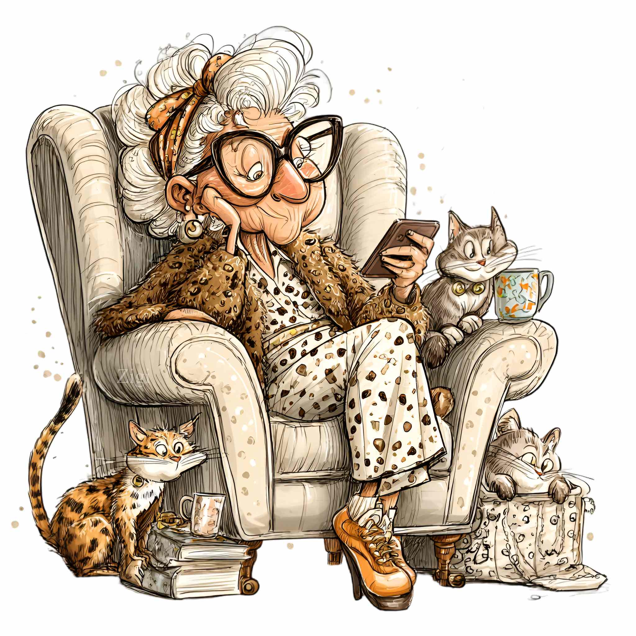 12 PNG Tech Granny Clipart – Funny Grandma With Phone and Cats PNG ...