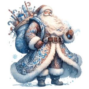 Blue Santa Clipart PNG, 15 Vintage Floral Santa Illustration, Elegant ...