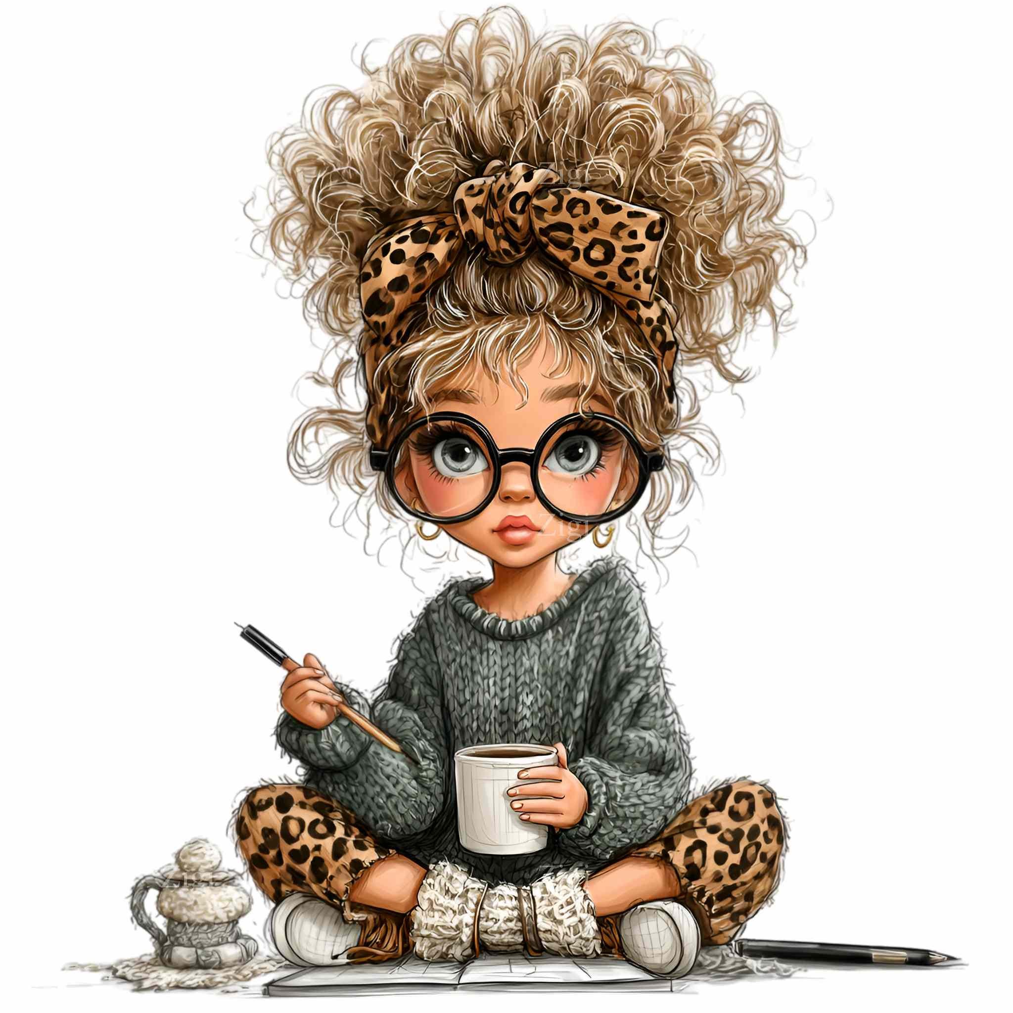 16 PNG Messy Bun Girl Clipart, Coffee Lover, Leopard Print Bow, Fashion ...