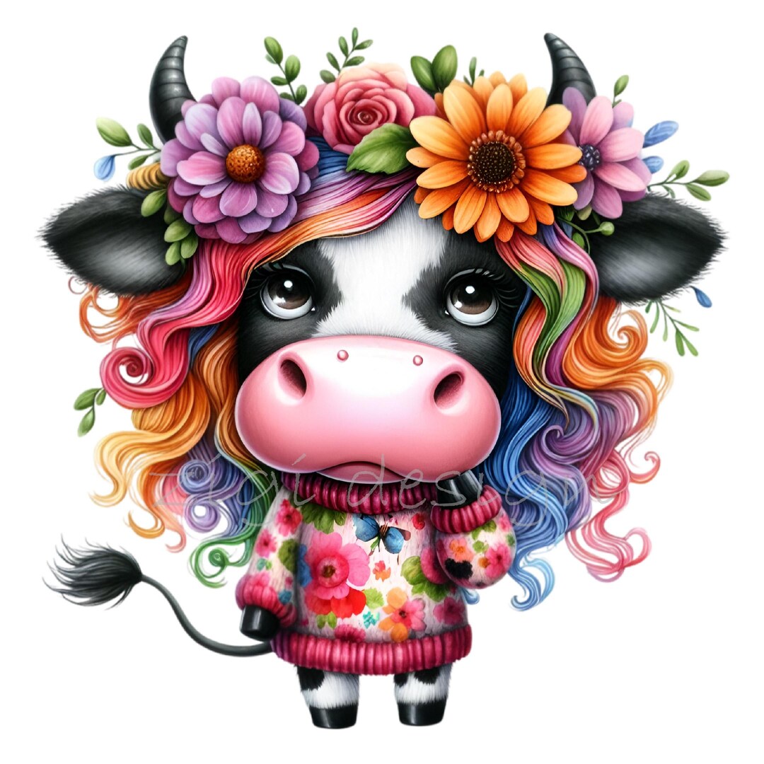 12 Rainbow-haired Cow PNG Clipart - Cute Floral Cow With Colorful Hair ...