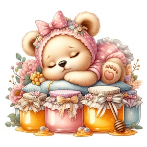 10 Cute Bear Honey PNG, Sleeping Bear With Honey Jars Clipart, Pastel ...