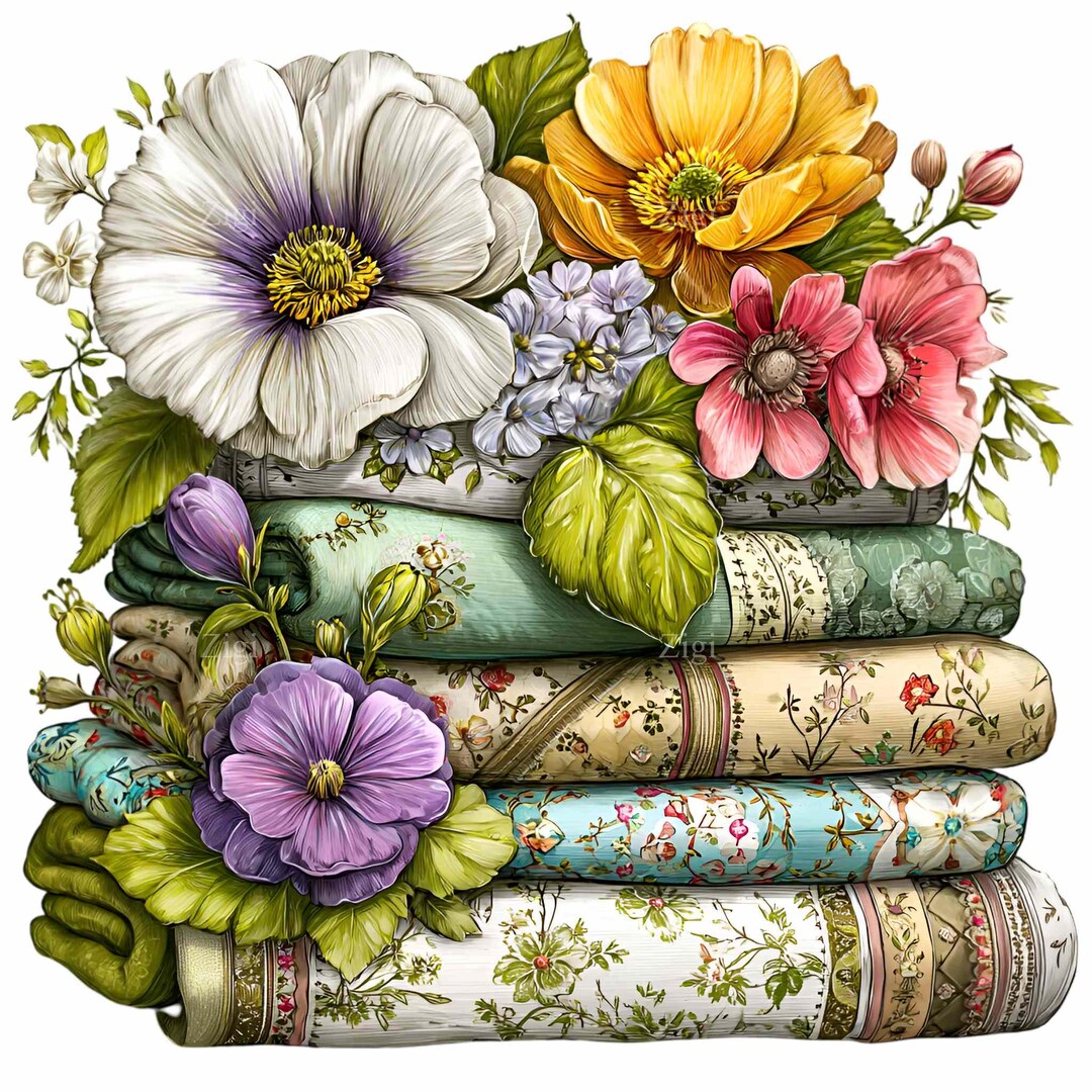 10 PNG Floral Fabric Clipart - PNG Stack of Textiles With Flowers for ...