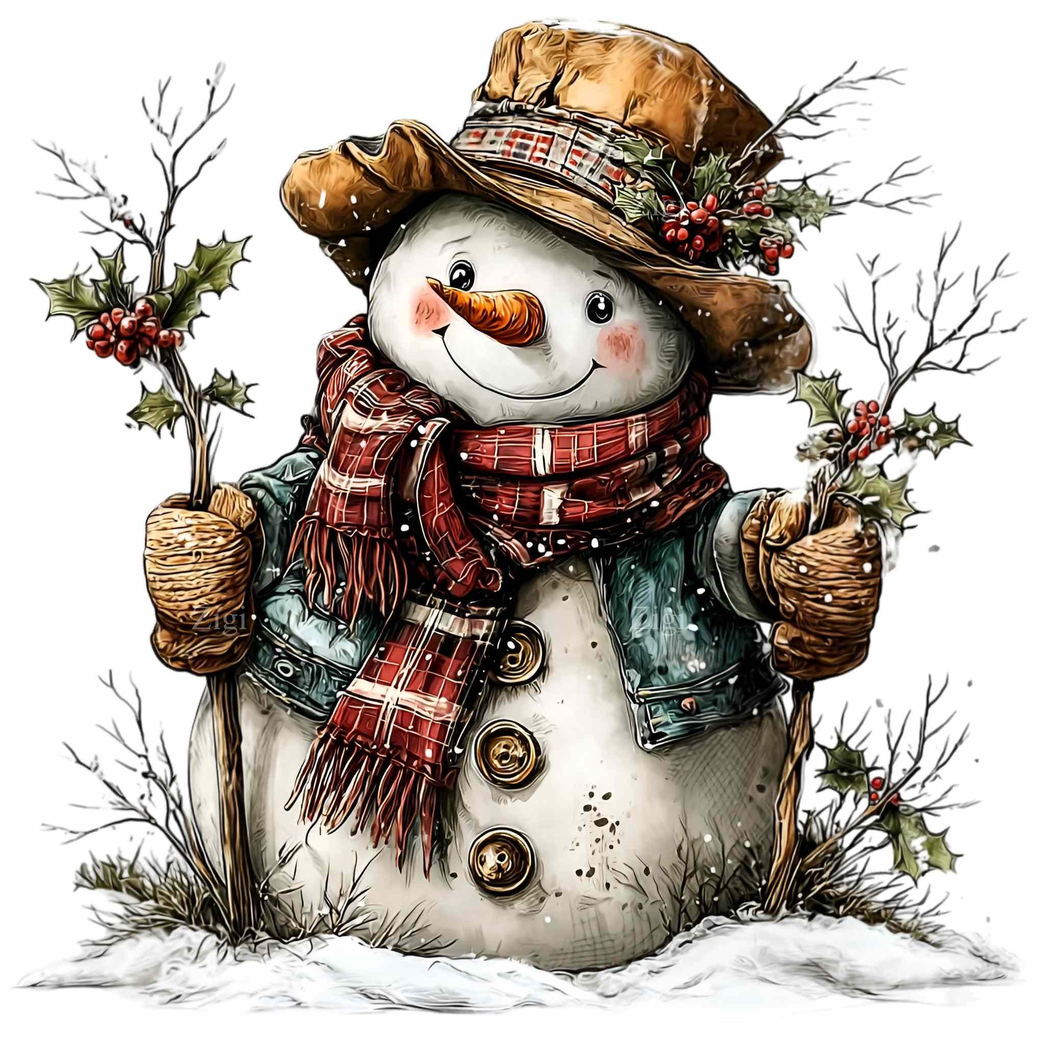 12 PNG Rustic Snowman Clipart – Christmas PNG – Vintage Winter ...